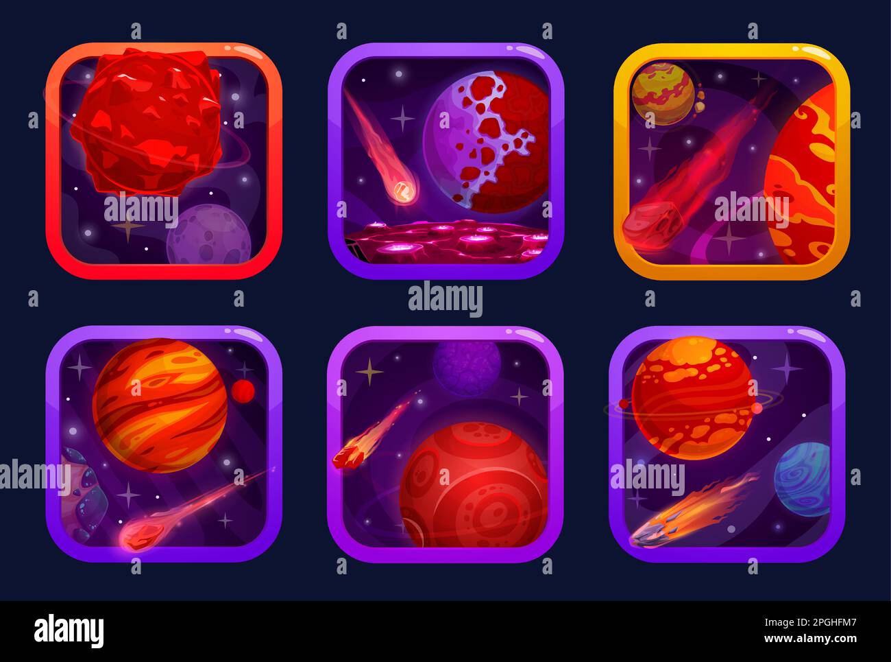 Cartoon space game app icons with comets and planets, mobile ...
