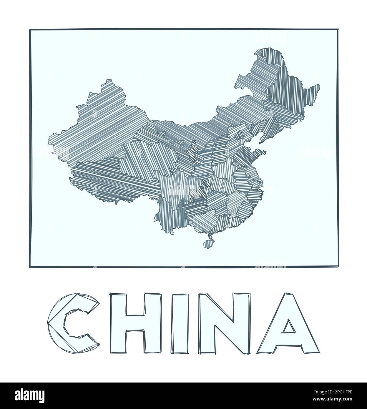 Sketch map of China. Grayscale hand-drawn map of the country. Filled ...
