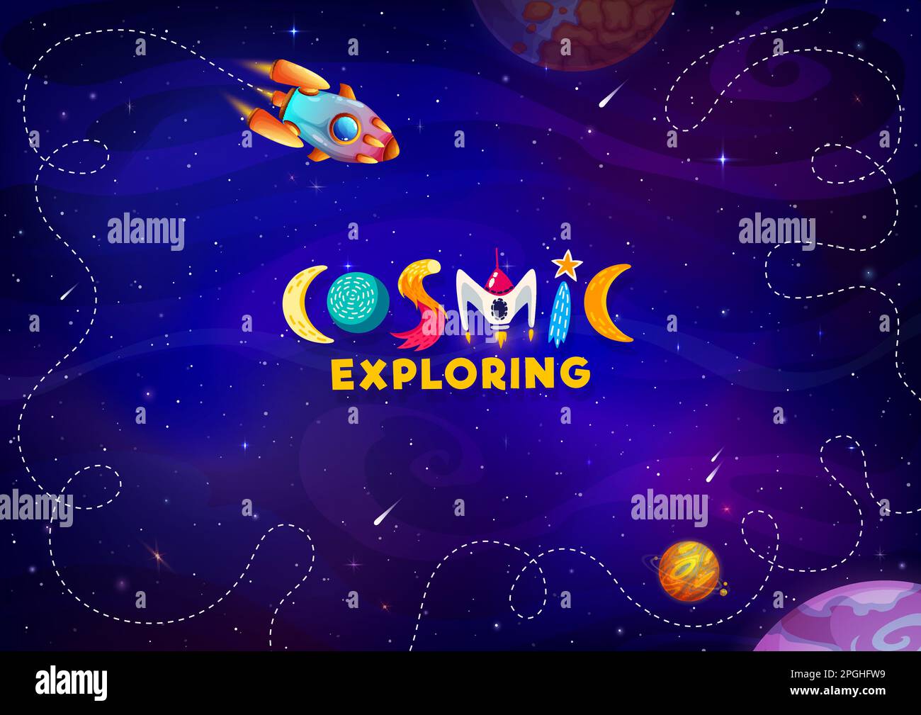 Cartoon starry space background, rocket and stars or galaxy planets, vector cosmic fantasy ...