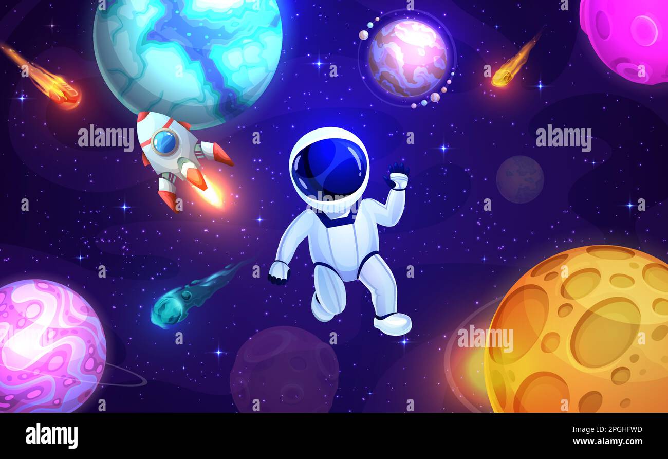 Cartoon astronaut in outer space, planets, stars and rocket spaceship ...
