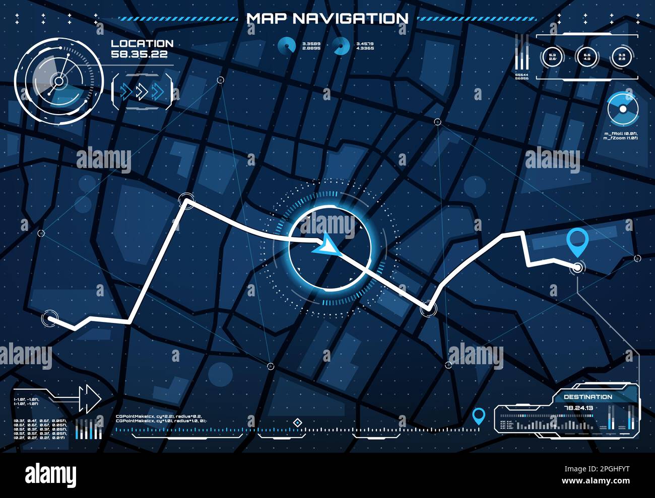 HUD city map navigation interface screen, route, dashboard. Vector ...