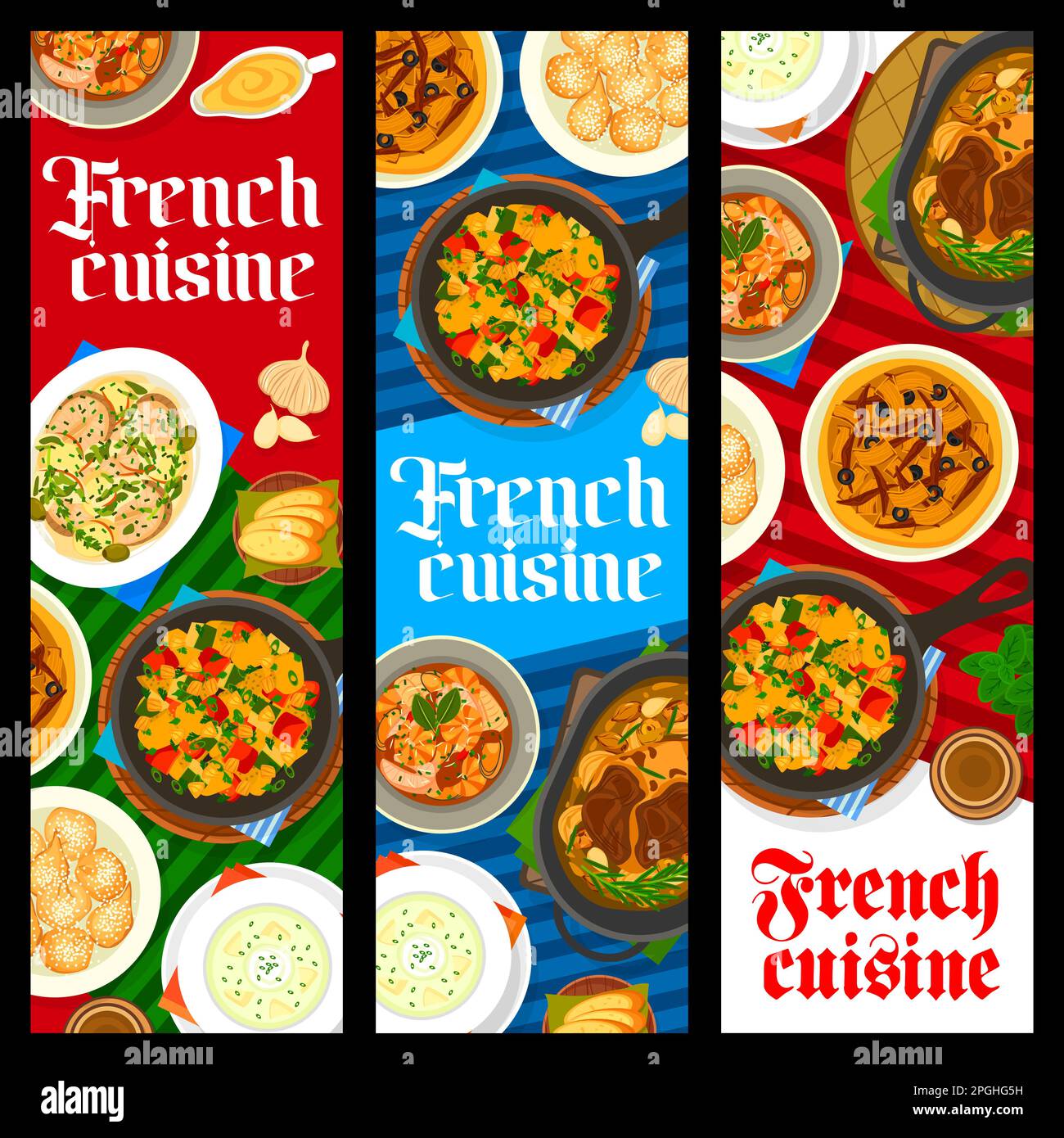French cuisine food vertical banners. Vegetable ratatouille, donuts and ...