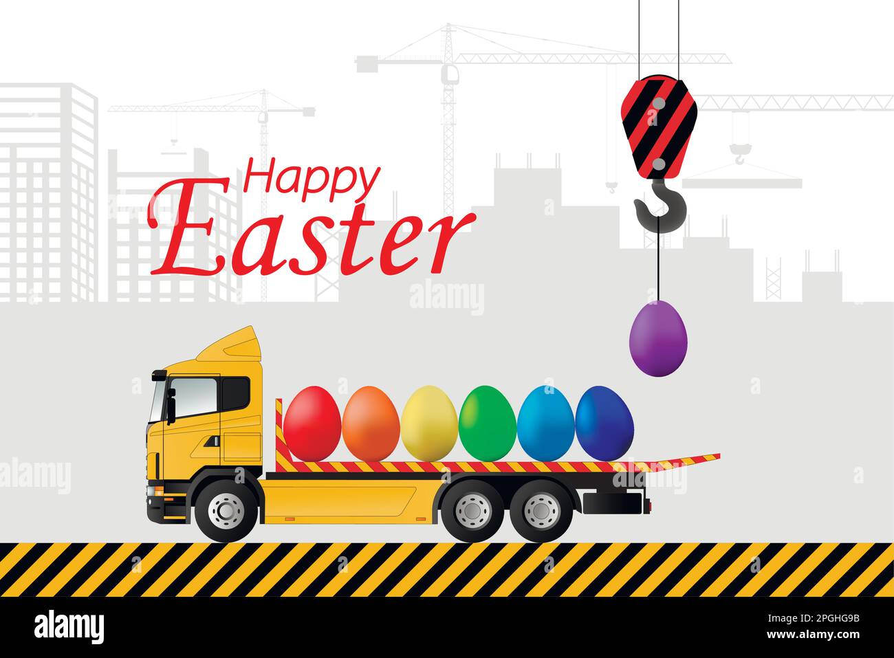 Easter greeting card. A crane is loading a truck full of Easter eggs ...