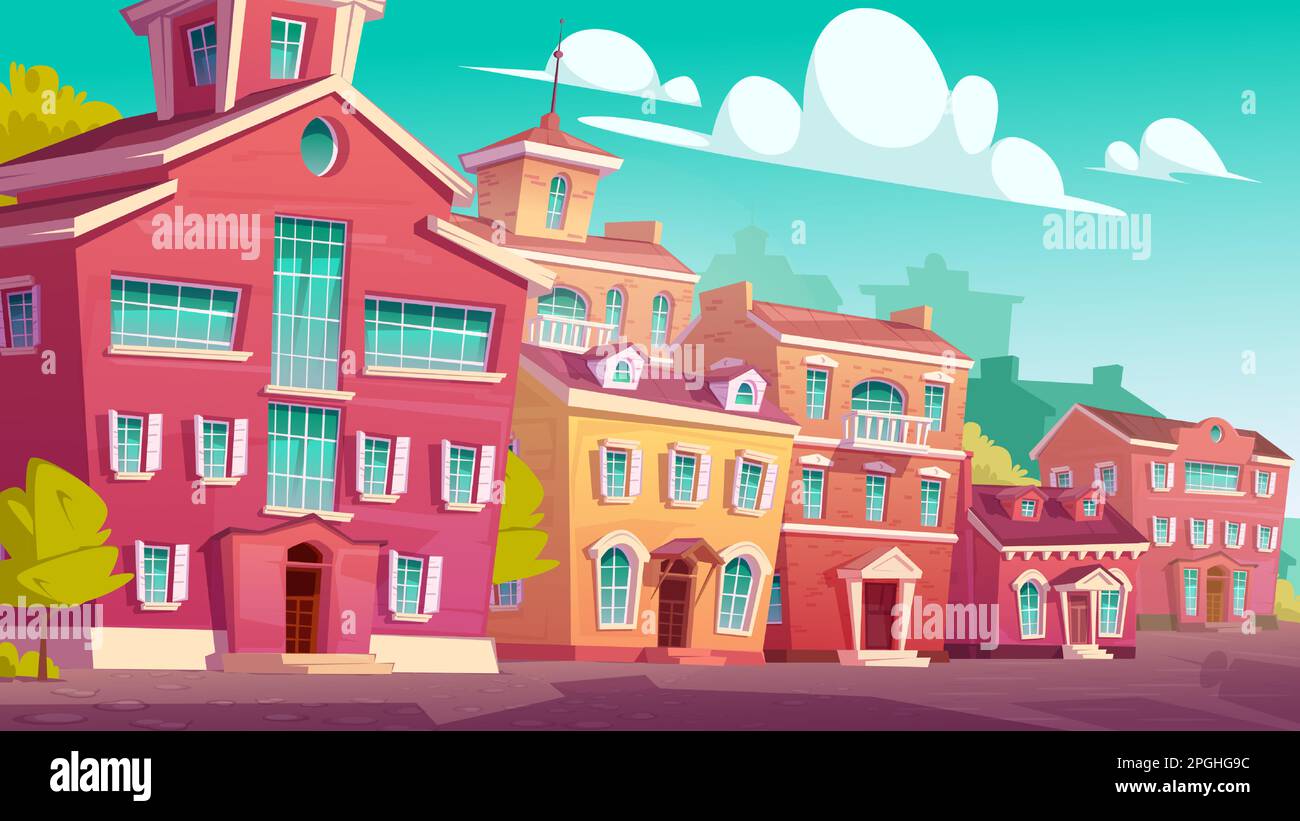 Urban street landscape with retro residential buildings, cartoon vector ...