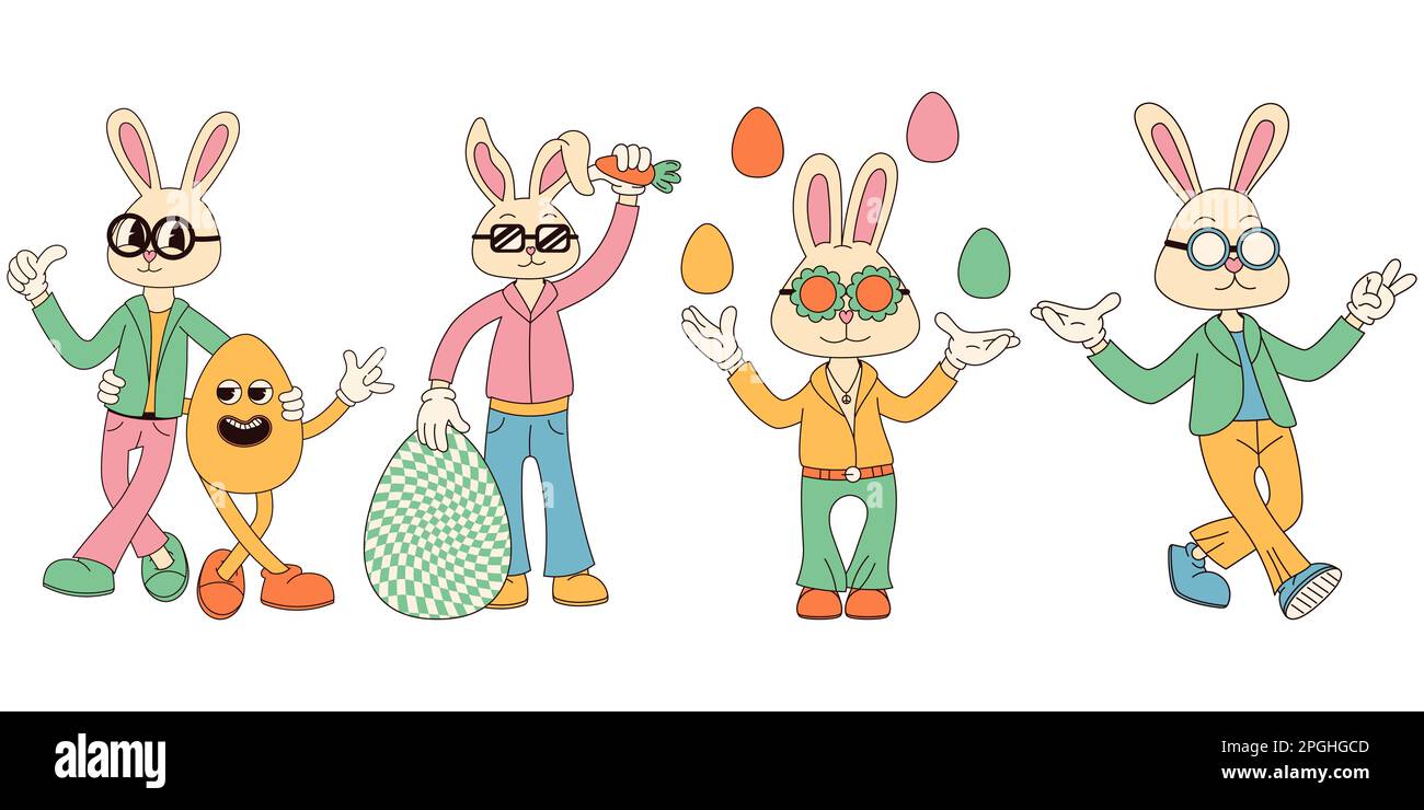 Groovy hippie Happy Easter characters. Set of Easter bunnies in trendy ...