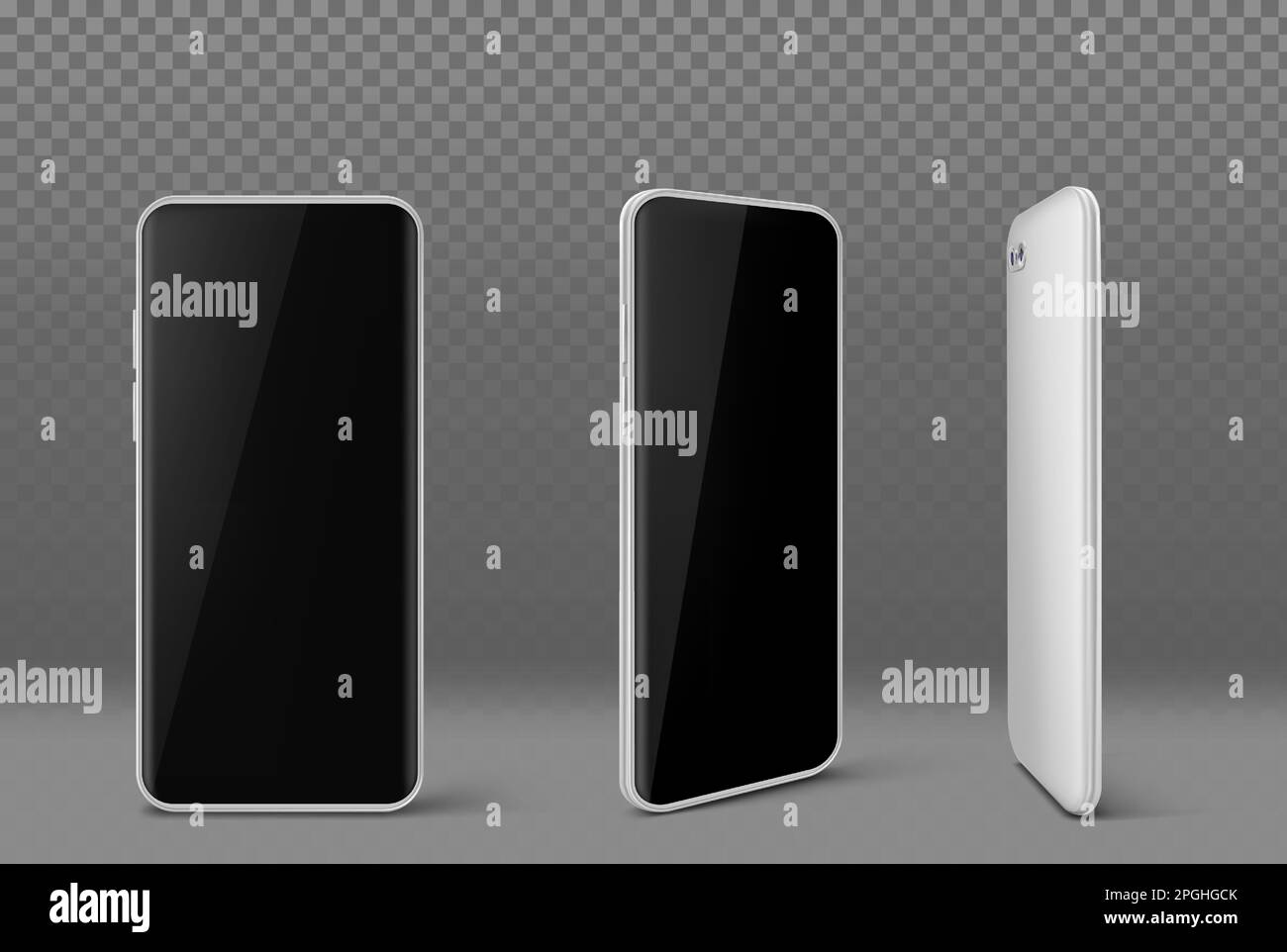 White mobile phone front and angle view isolated on transparent ...