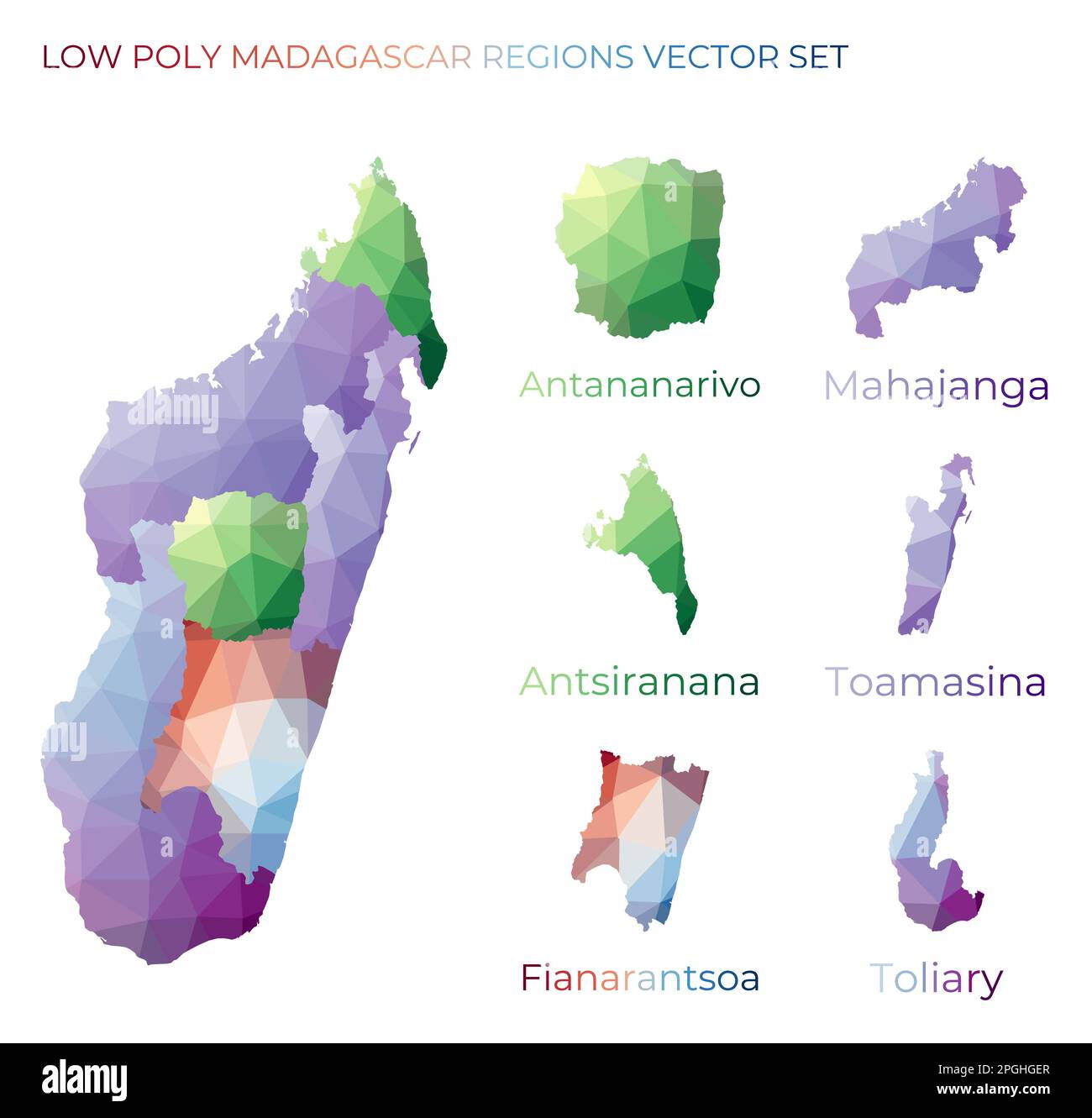 Malagasy low poly regions. Polygonal map of Madagascar with regions. Geometric maps for your ...