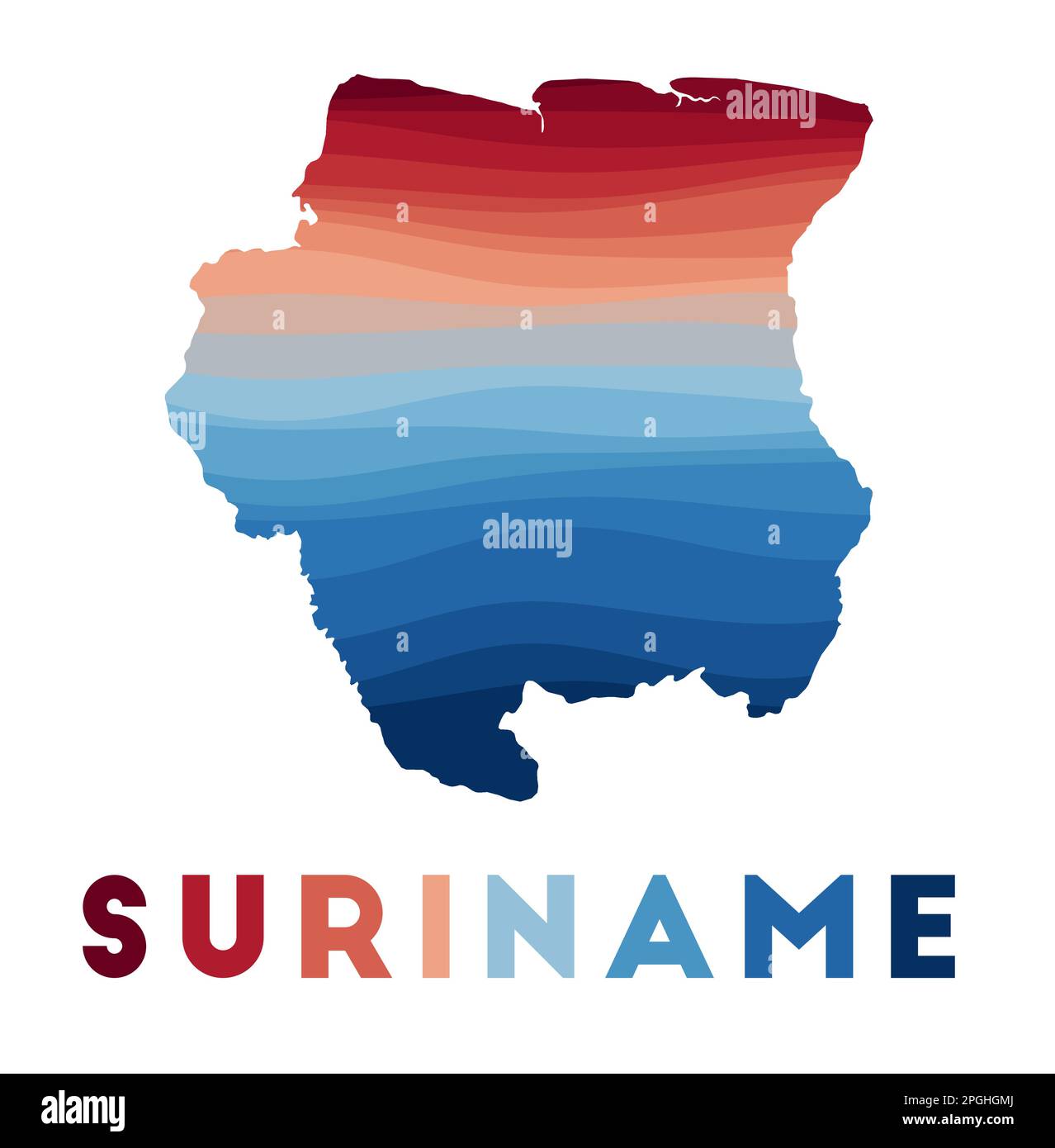Suriname map. Map of the country with beautiful geometric waves in red and blue colors. Vivid ...