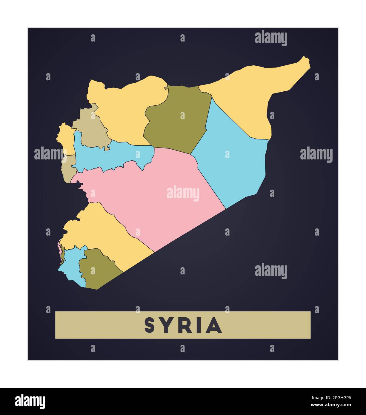 Syria map. Country poster with regions. Shape of Syria with country name. Radiant vector ...