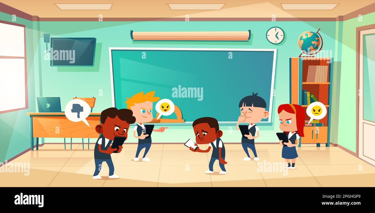 Cyber bullying in school, conflict and violence situation with sad ...