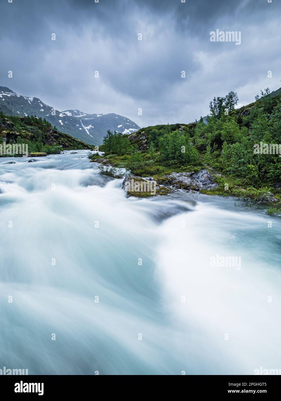 A river surrounded by lush forest, cascading over rocky rapids and ...