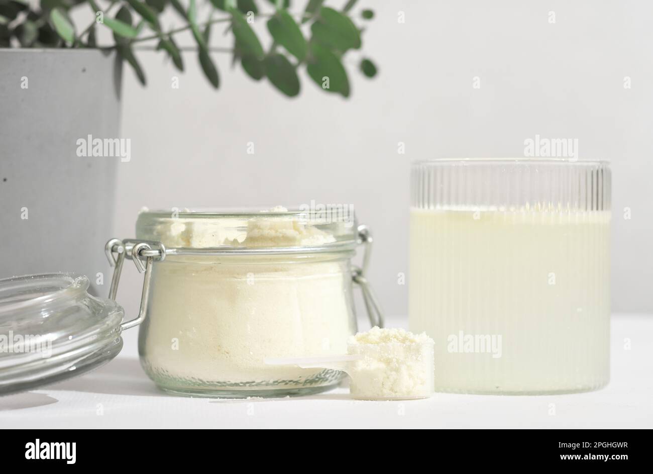 scoop of fish collagen. collagen peptides in glass jar. powder for ...