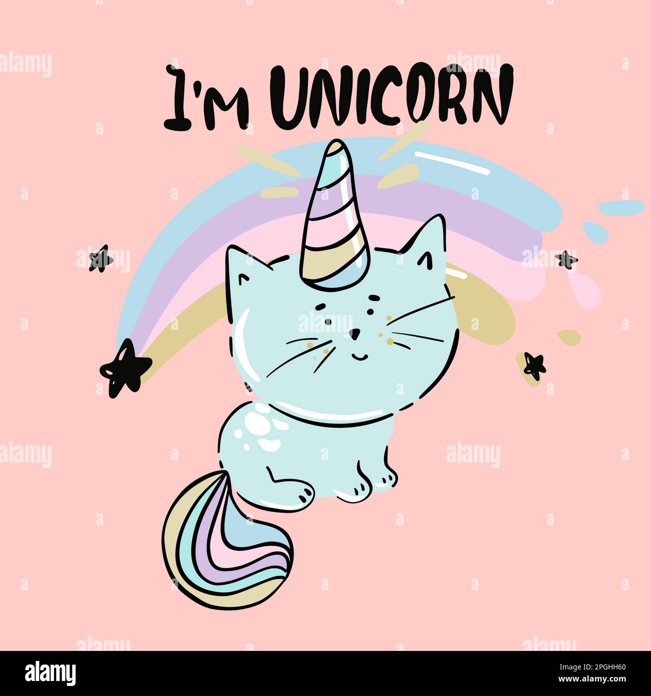 Catcorn. Lovely cartoon cat unicorn face and lettering text on white ...