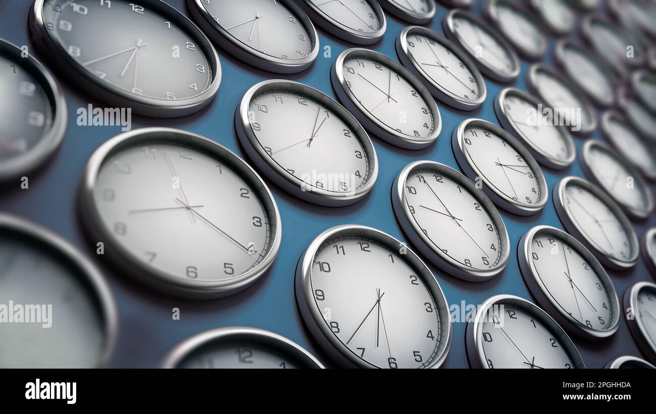 Clocks on the wall background. 3D illustration Stock Photo - Alamy