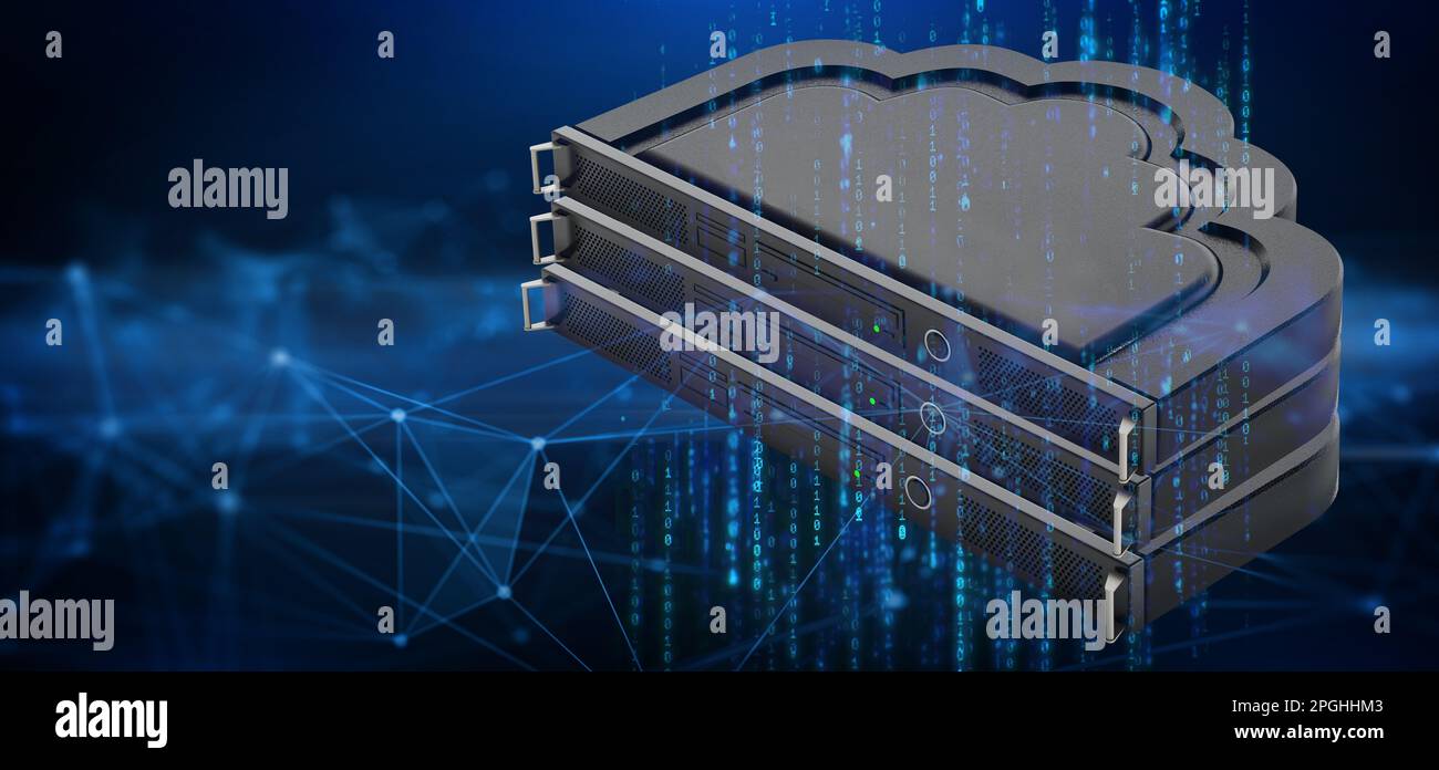 Cloud shaped network server rack on blue background. 3D illustration ...