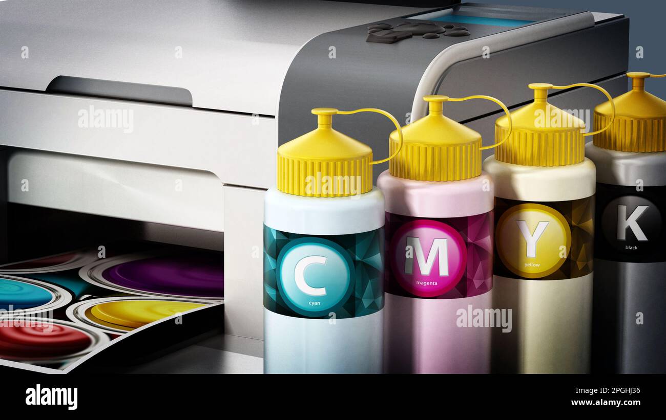 CMYK ink filling bottles and inkjet printer isolated on white ...