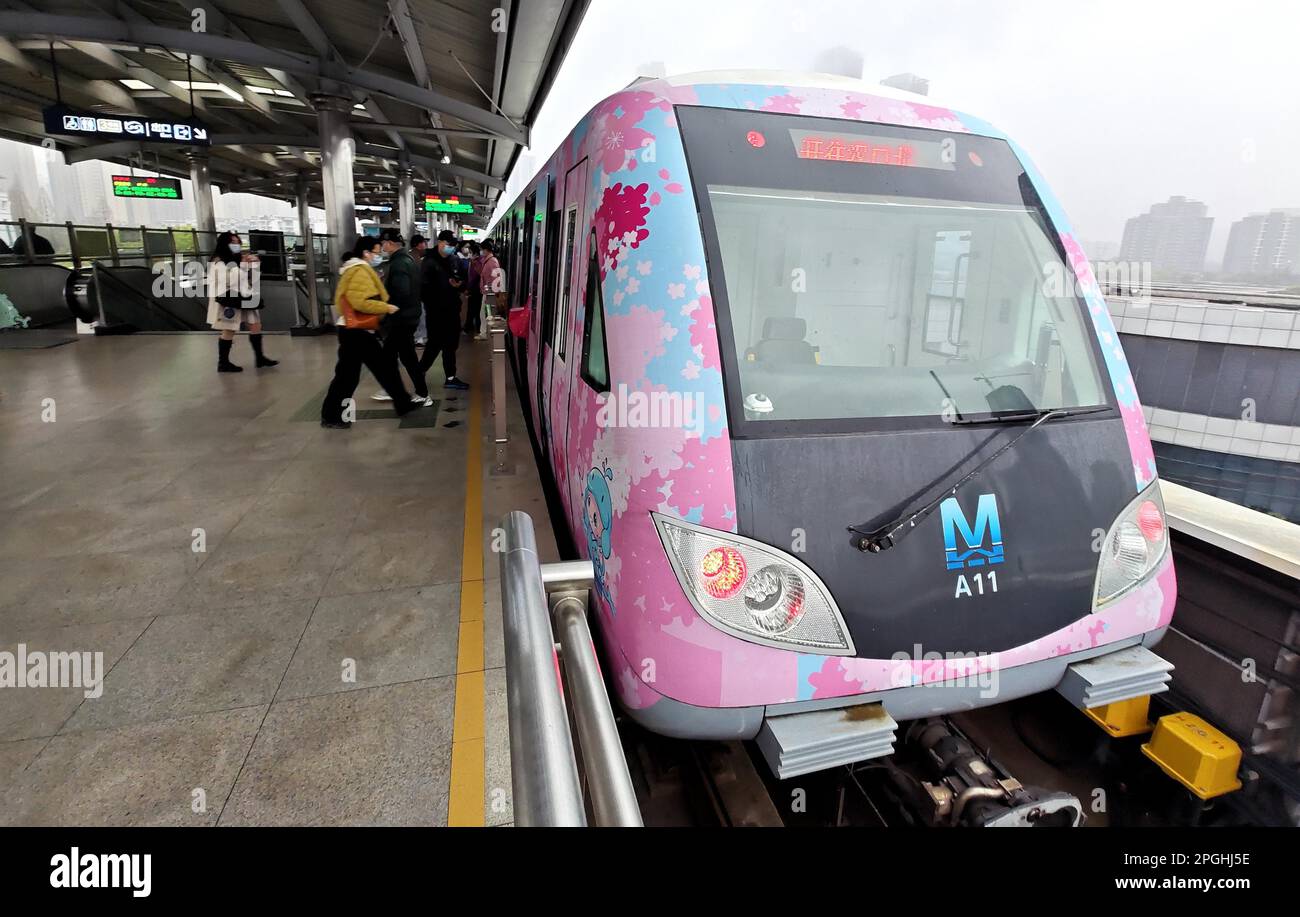 The cherry blossom-themed metro train of Wuhan Rail Transit Line 1 ...