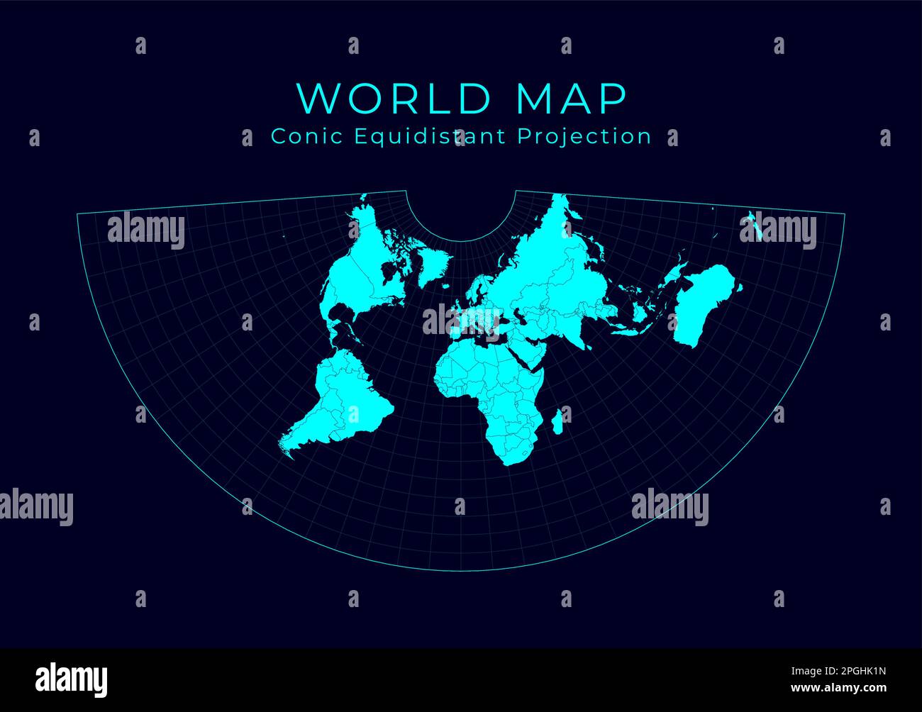 Map of the World. Conic equidistant projection. Futuristic infographic ...