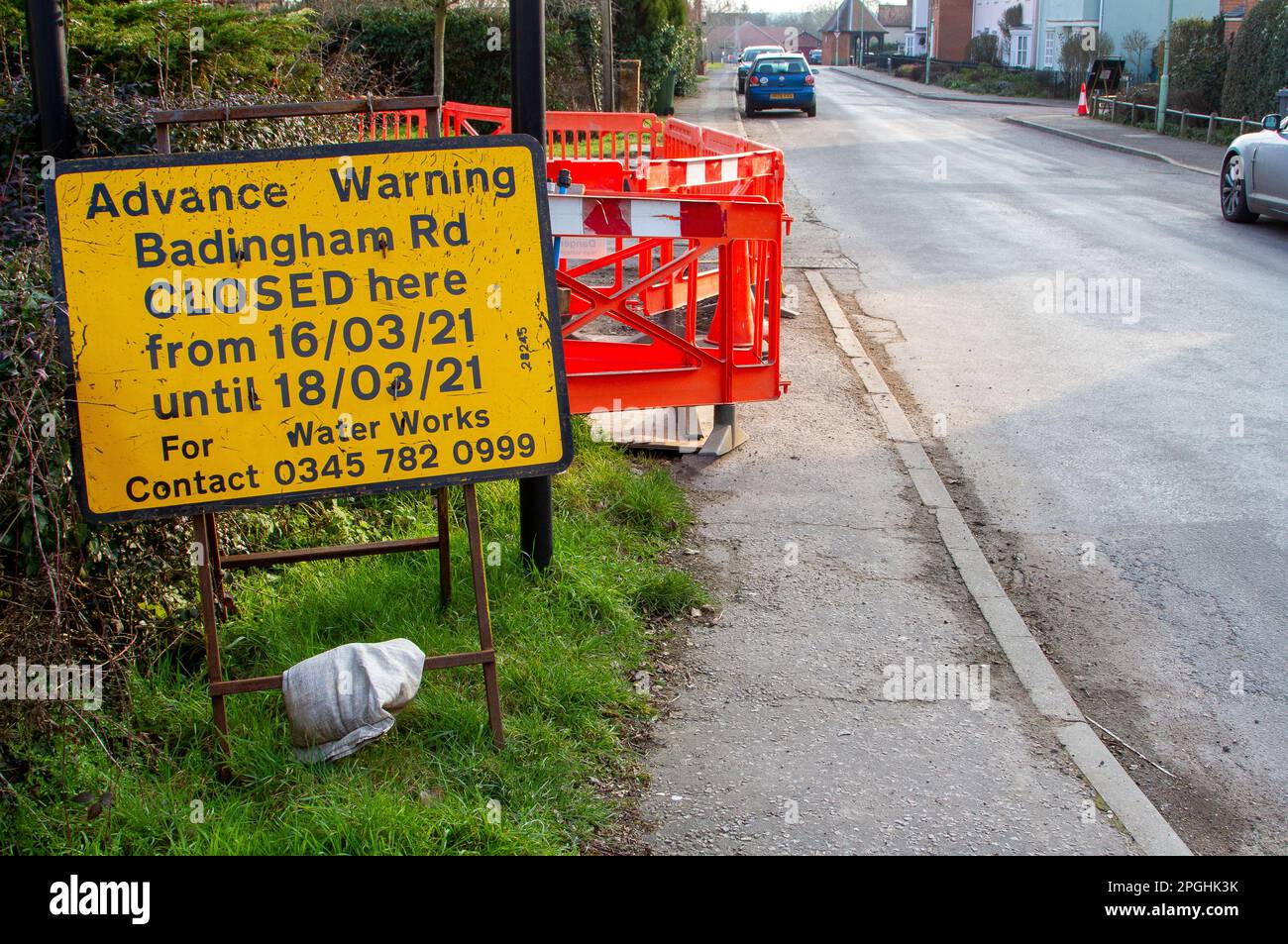 Roadside yellow warning sign in a Suffolk market town warning of an ...