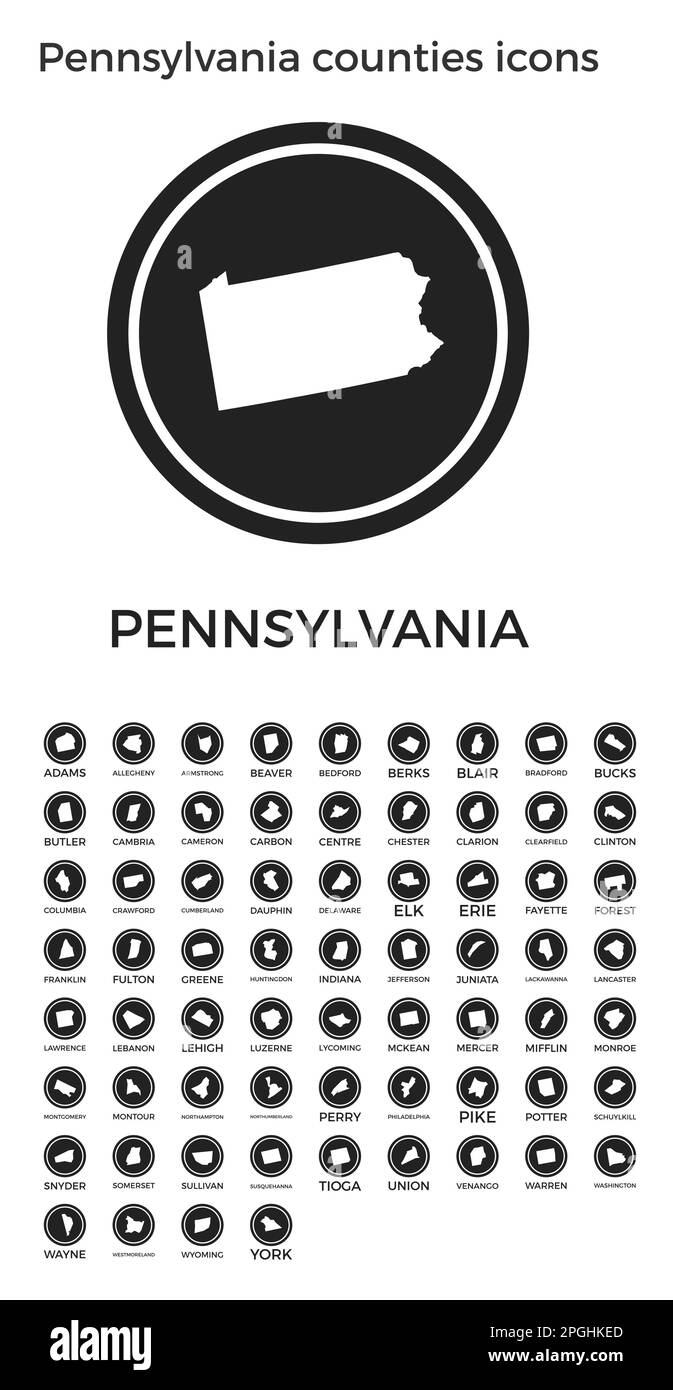 Pennsylvania counties icons. Black round logos with US state counties ...