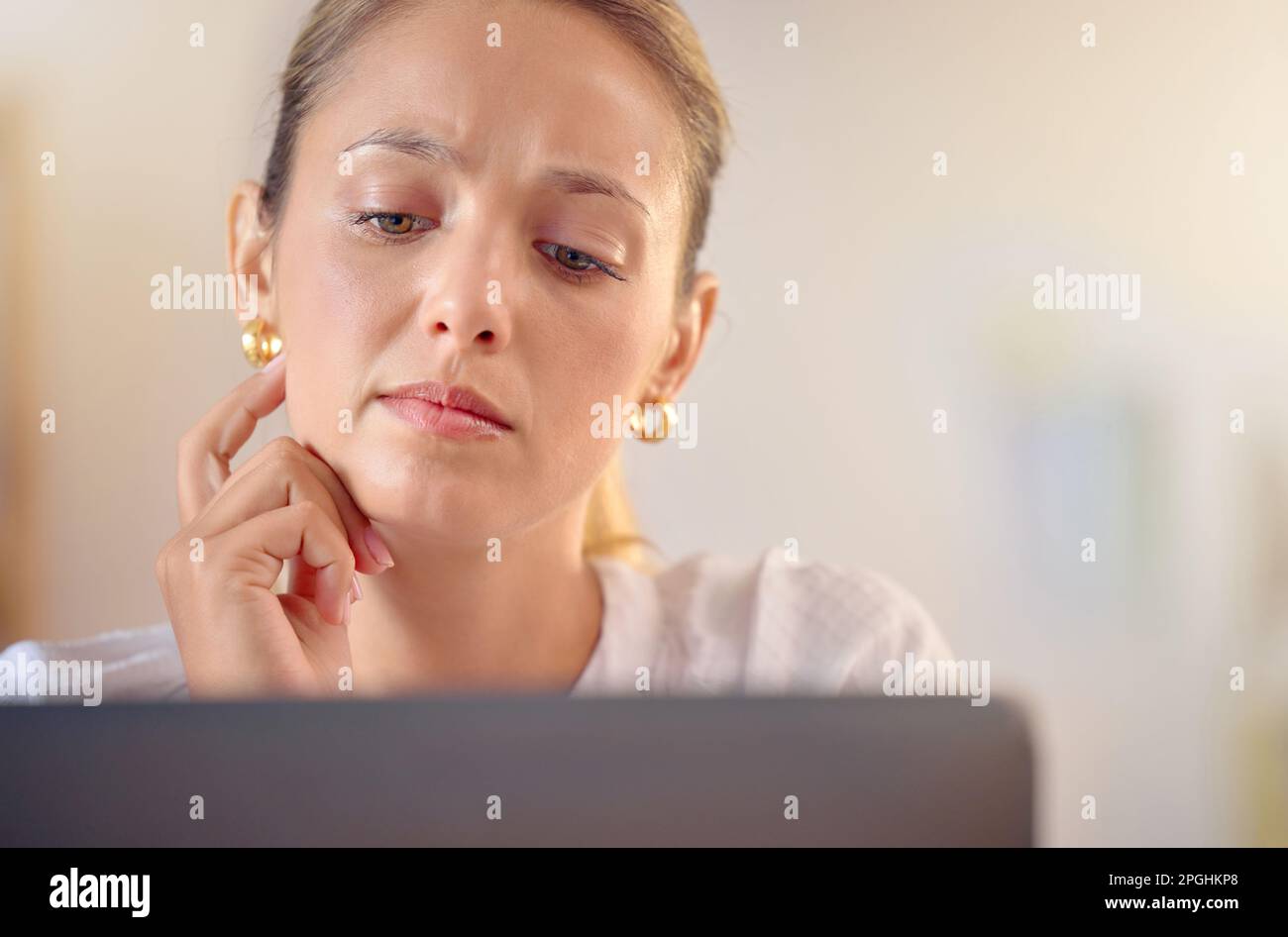 Laptop, thinking administration or business woman focus on finance ...