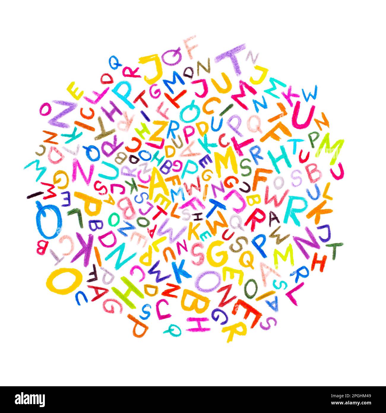 Alphabet font round shape, made with wax crayons over white background ...