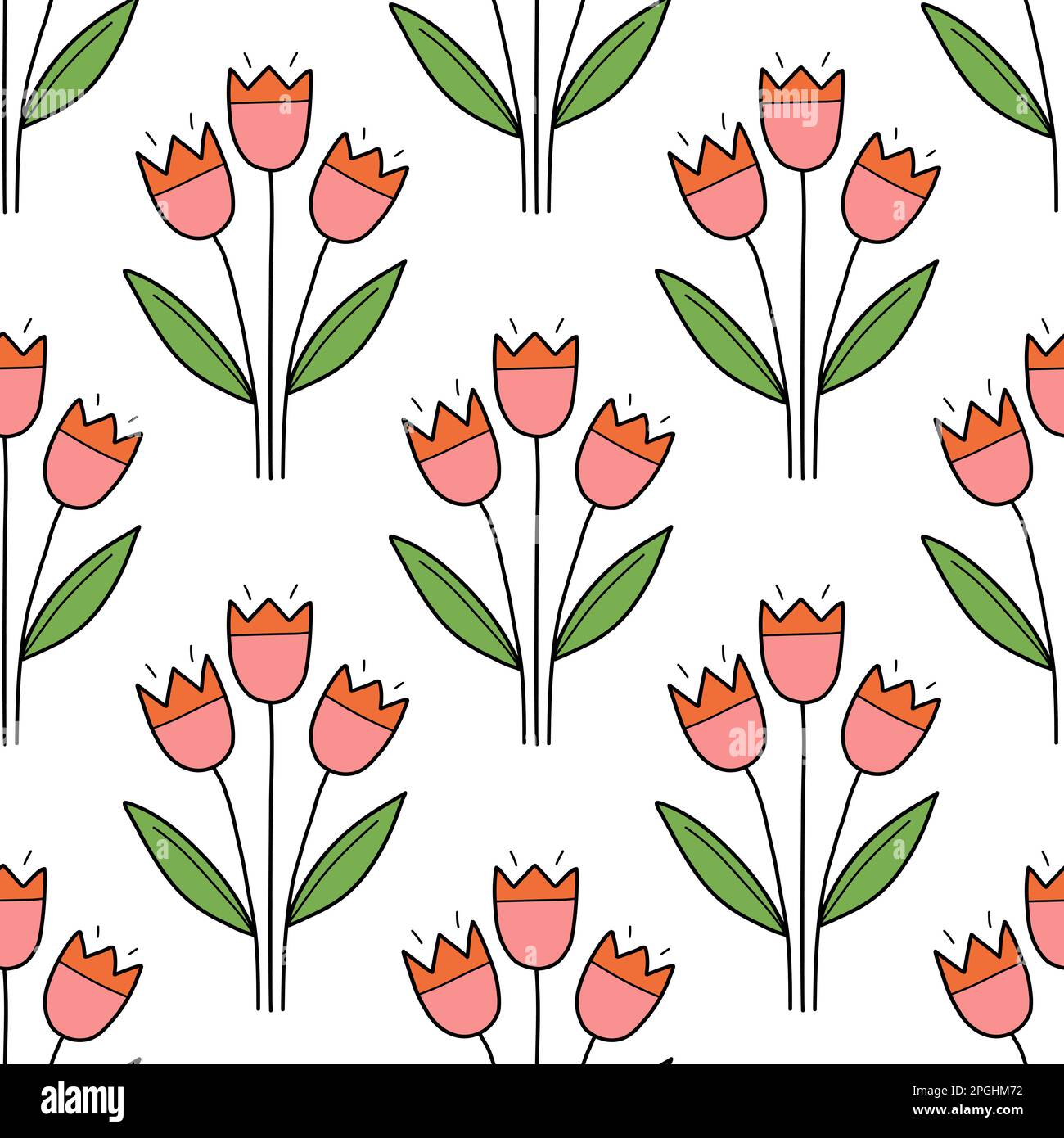 Tulip spring seamless pattern vector doodle illustration. Flower floral background with outline ...