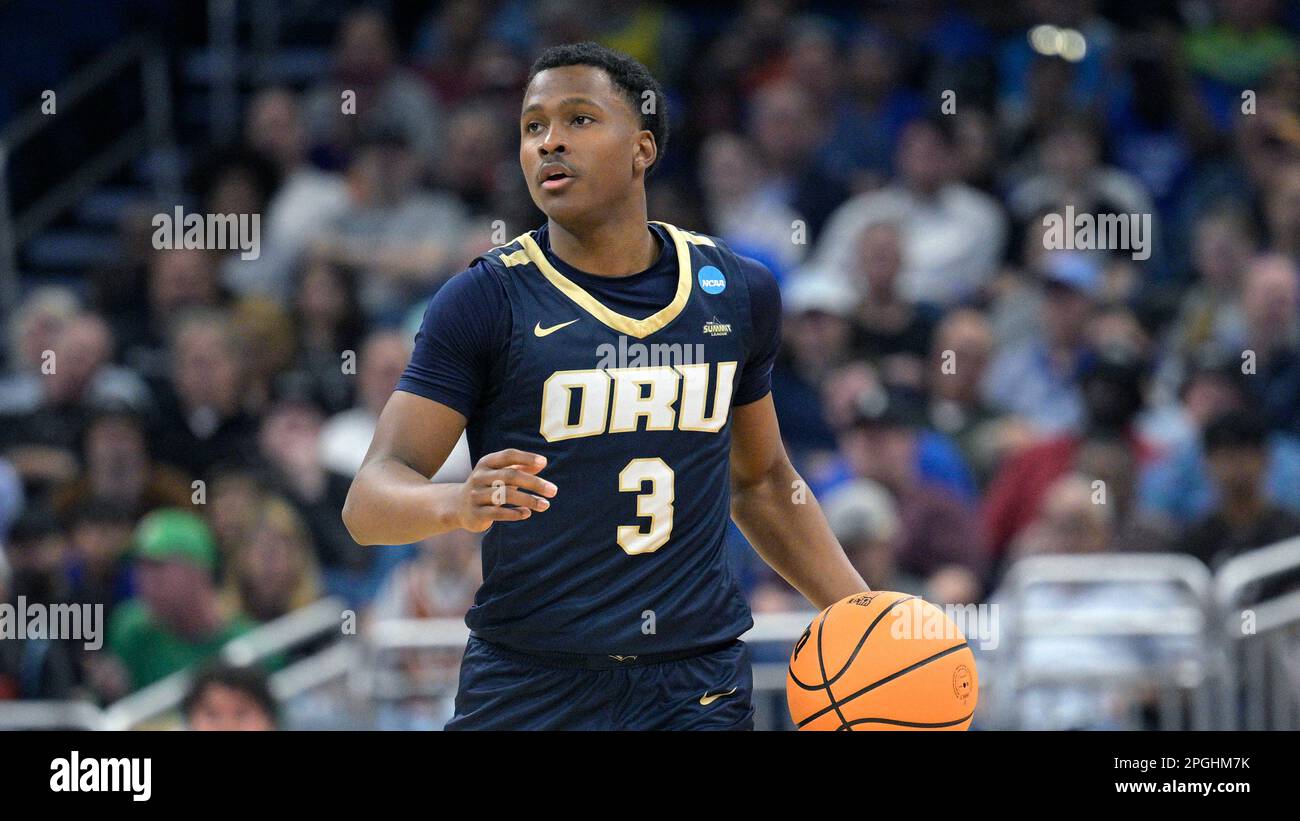 Oral Roberts guard Max Abmas (3) during the first half of a first-round ...