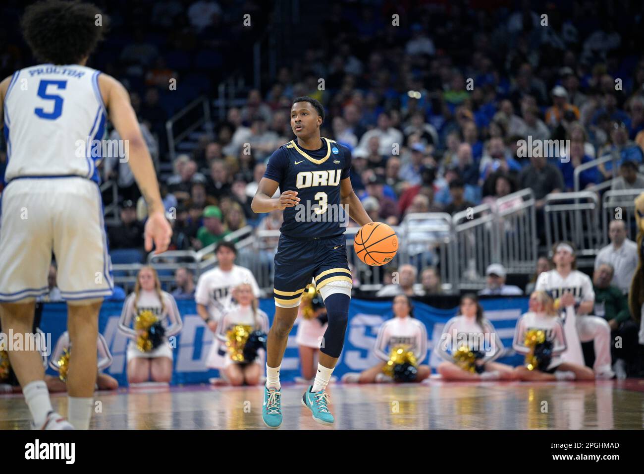 Oral Roberts guard Max Abmas (3) during the first half of a first-round ...