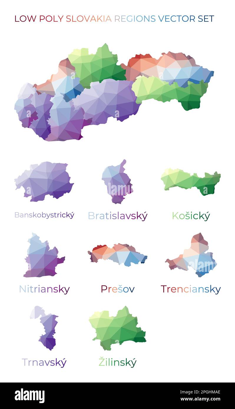 Slovak low poly regions. Polygonal map of Slovakia with regions. Geometric maps for your design ...