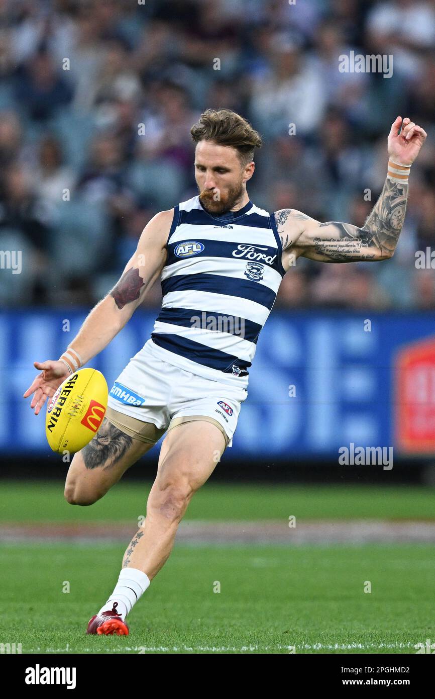 Zach Tuohy of Geelong kicks the footy during the AFL Round 2 match ...