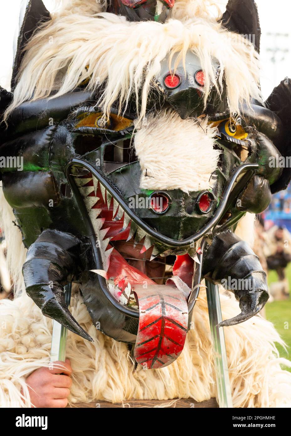 Large weird mask typical for Brejani village at the annual Simitlia ...