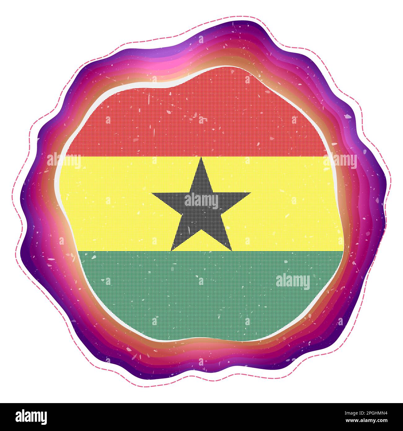 Ghana flag in frame. Badge of the country. Layered circular sign around ...