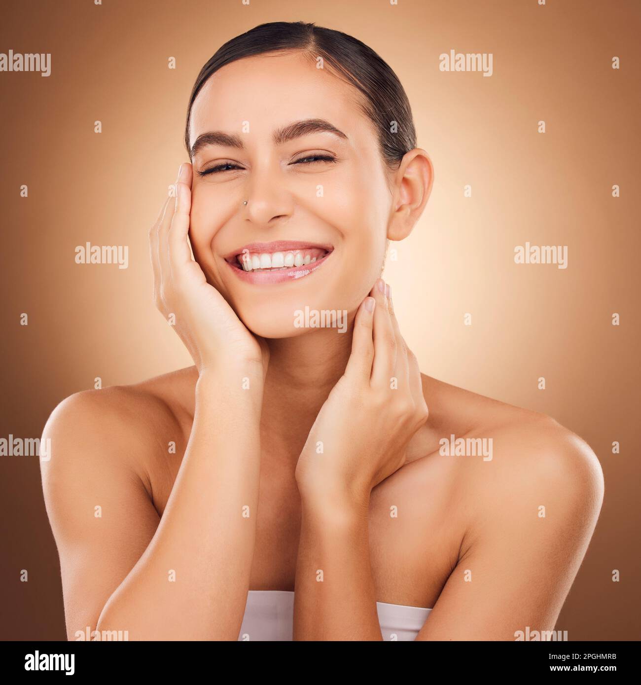 Beauty satisfaction, face portrait and happy woman with luxury facial ...