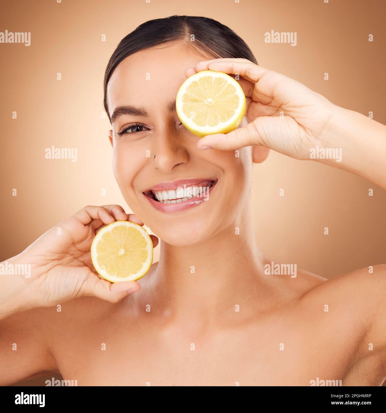 Lemon skincare, portrait and woman face cleaning of a young person with ...
