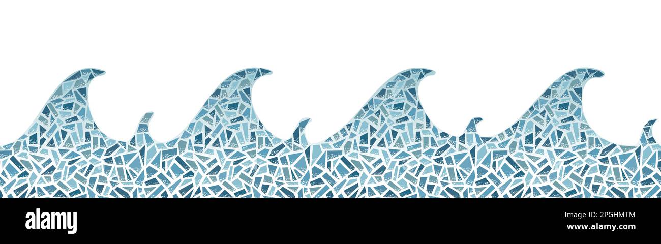 Seamless vector border pattern. Blue clay broken mosaic, tiles waves ...