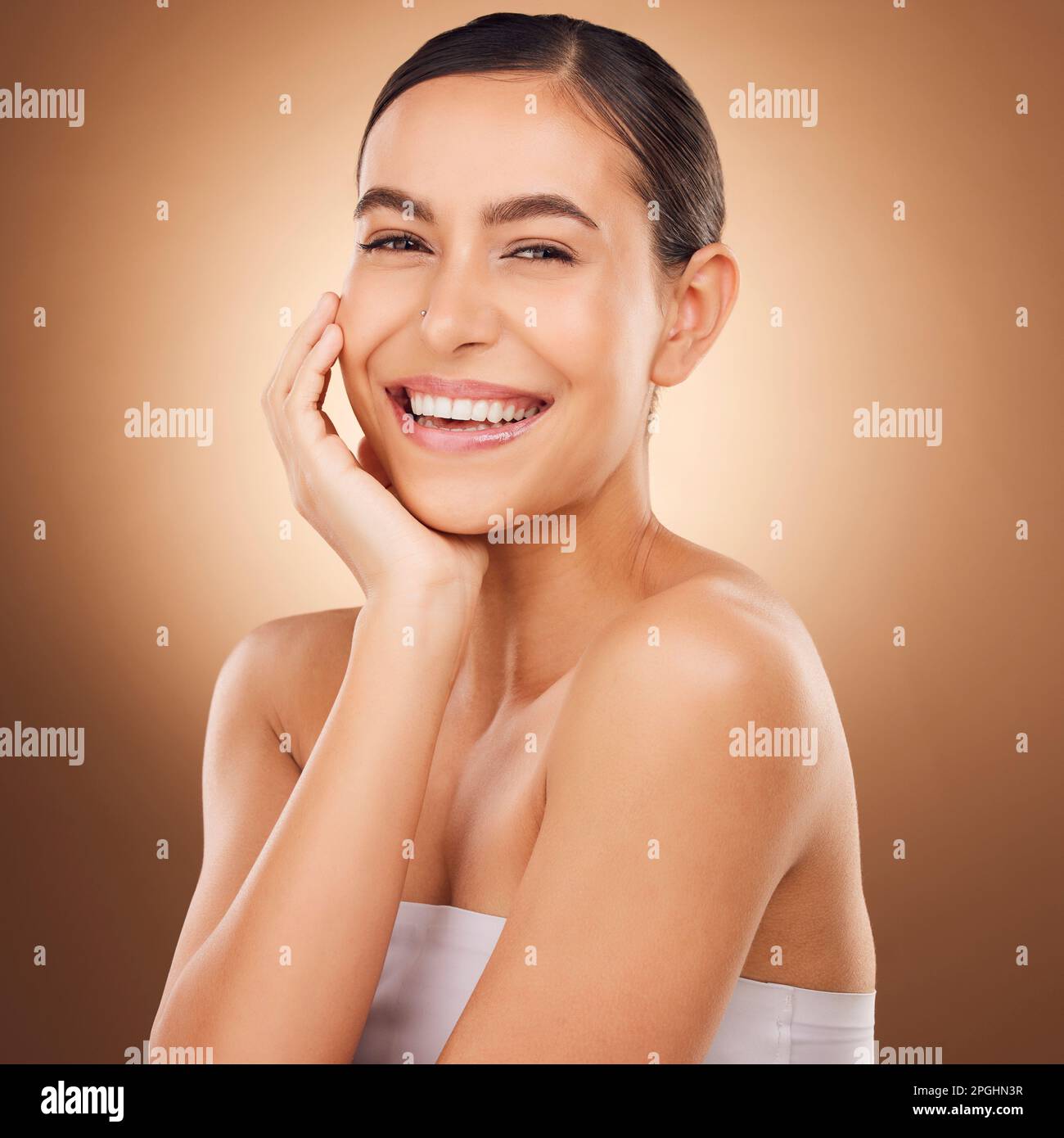 Skincare satisfaction, face portrait and happy woman with luxury facial ...