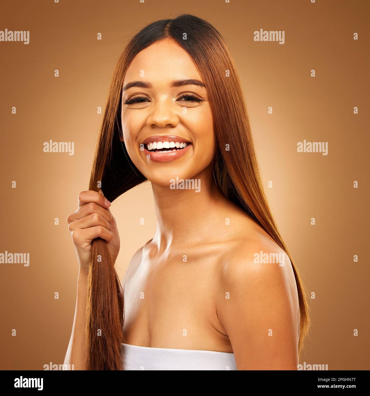 Haircare, hair in hand and portrait of woman in studio with natural ...