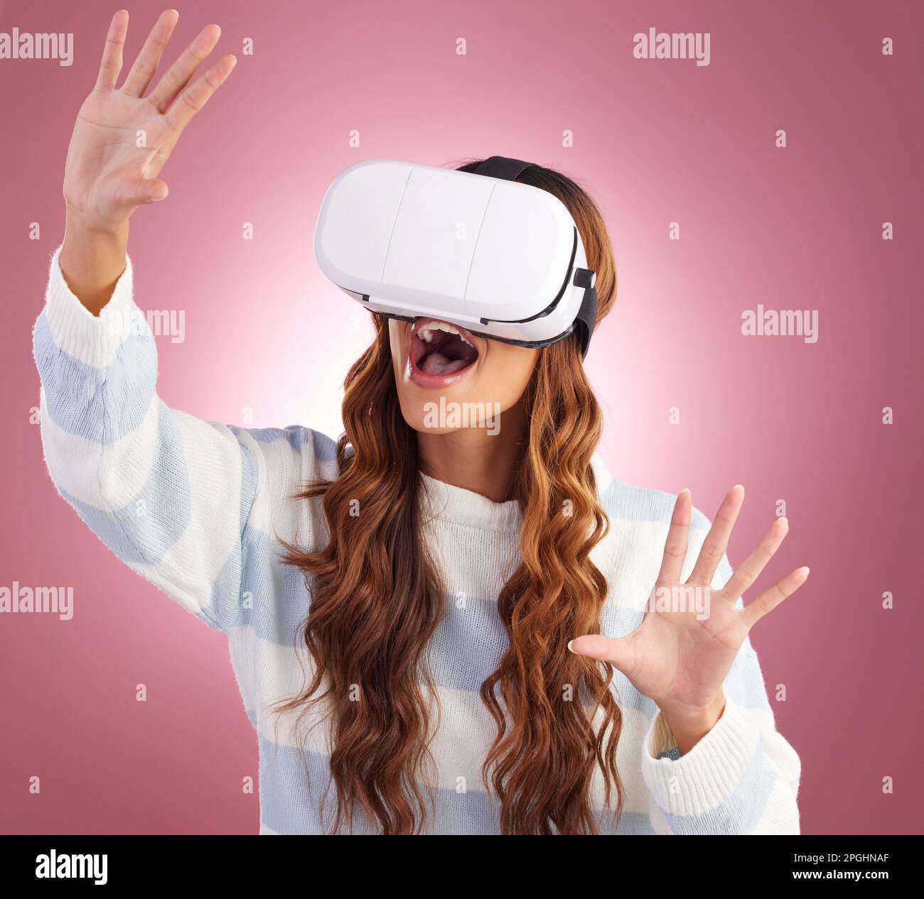 Virtual reality, metaverse and 3D with a woman using a headset to ...