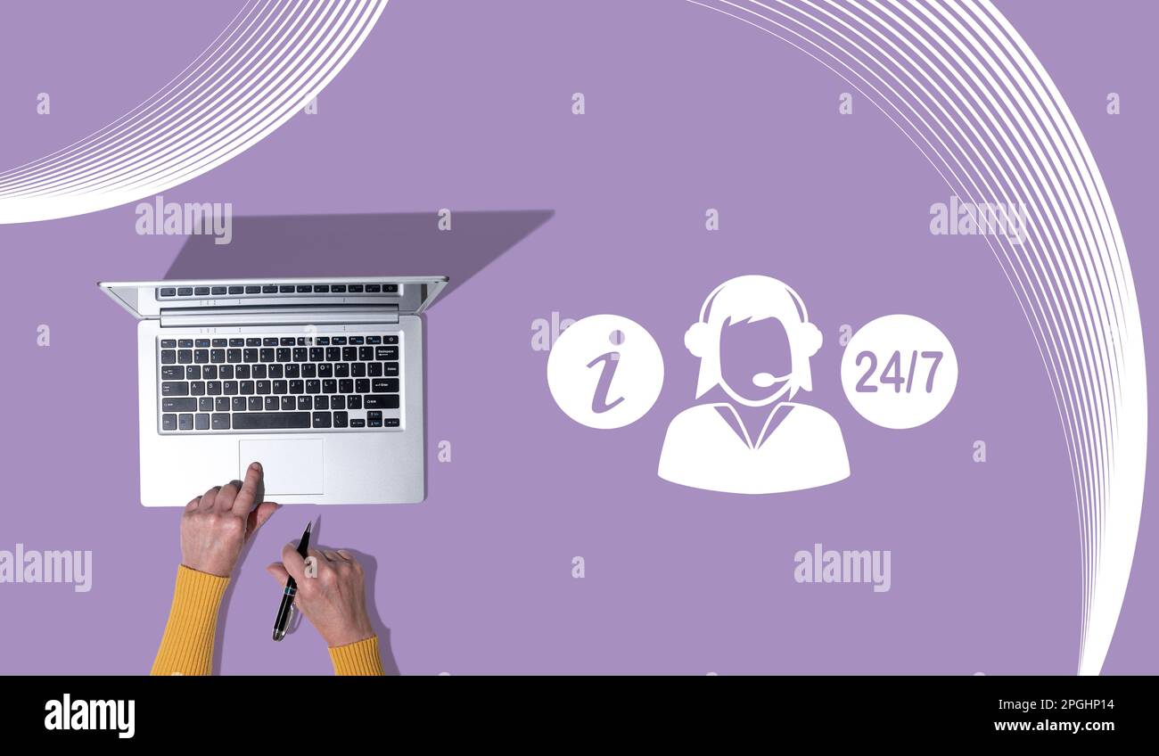 Top view of hands using laptop with symbol of customer service concept ...