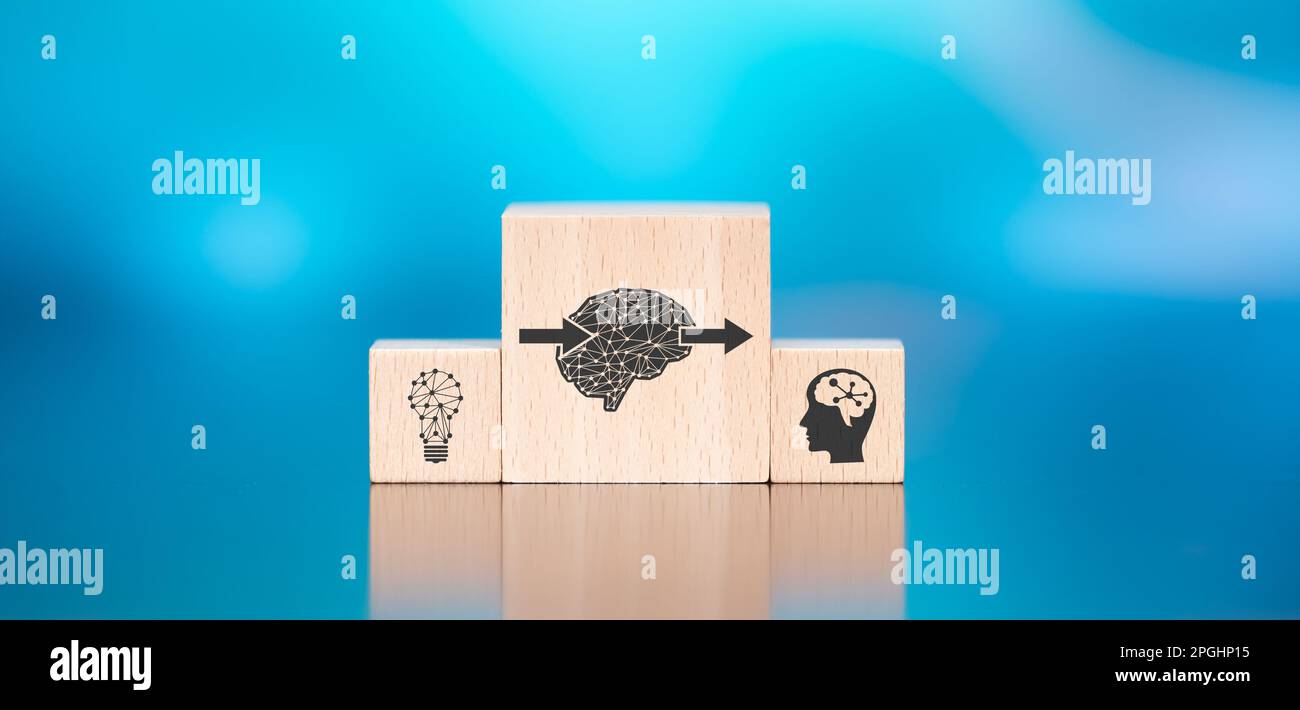 Wooden blocks with symbol of deep learning concept on blue background ...