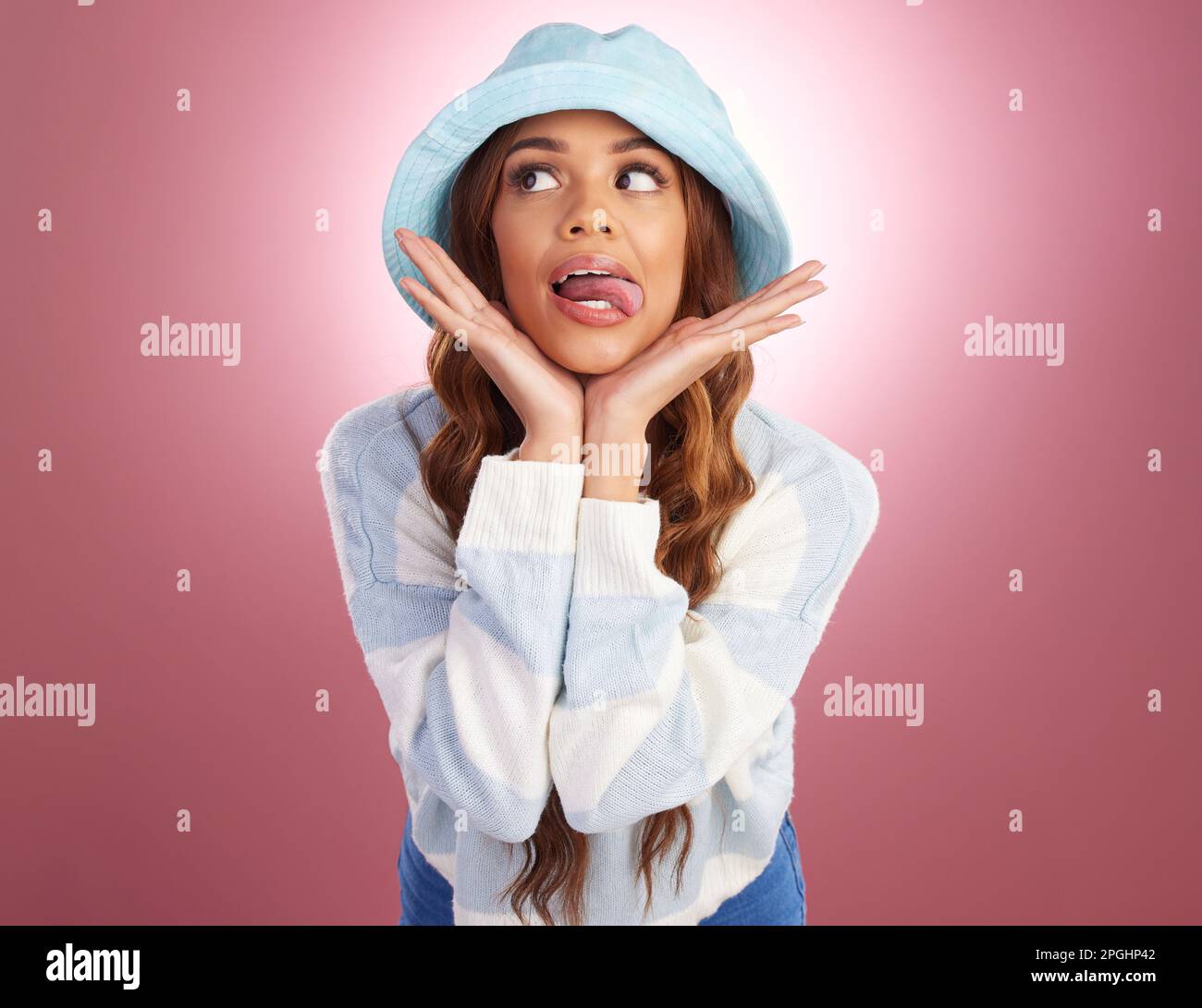 Fashion, tongue out and comic face of woman on studio background for ...