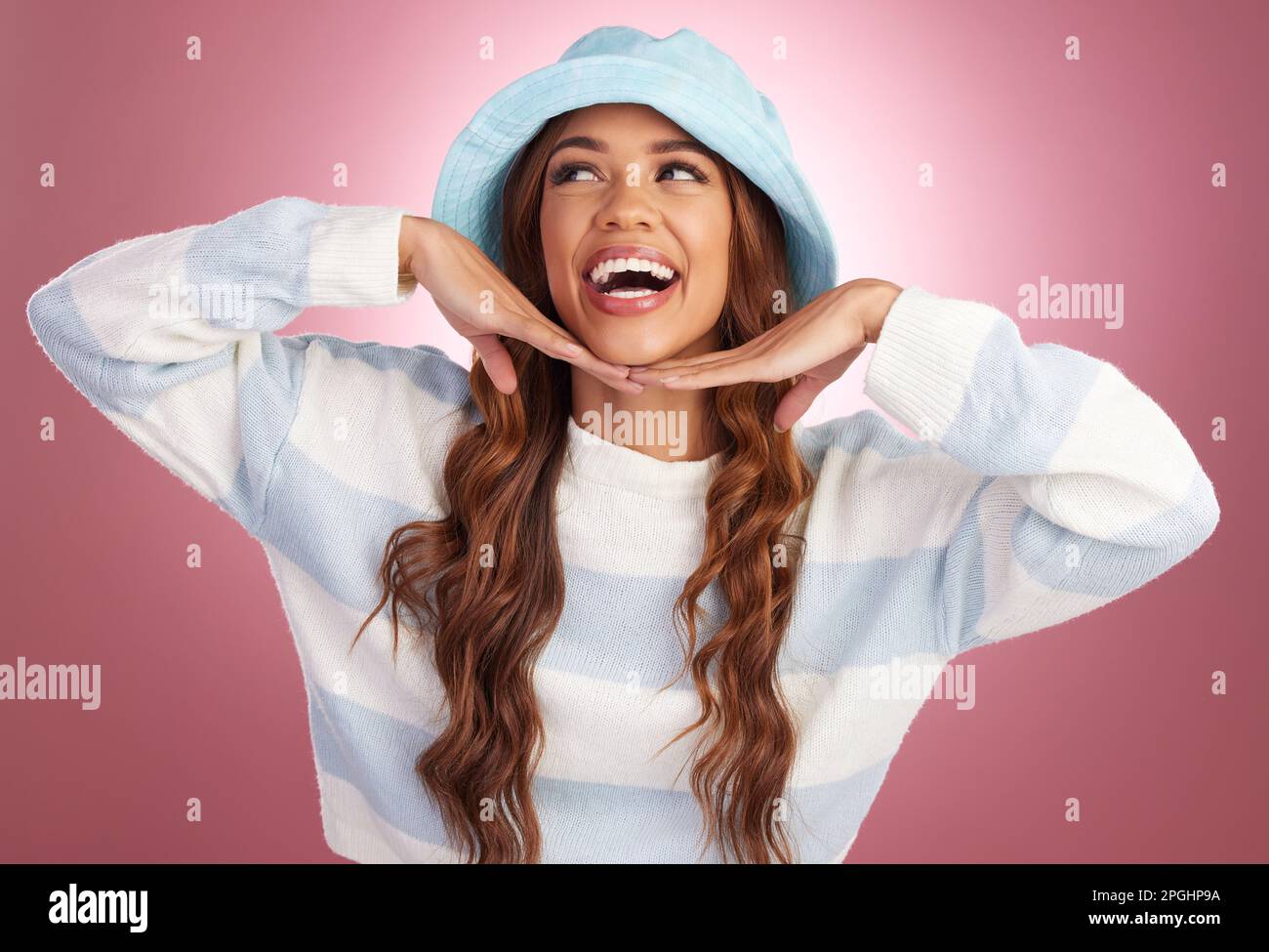 Fashion, excited and face of woman with smile in studio background for ...