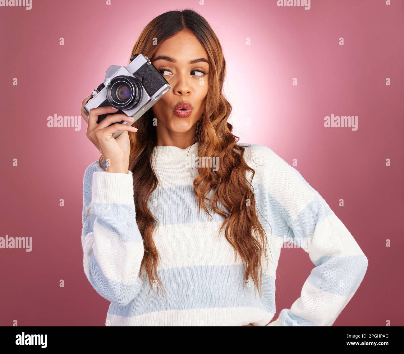 Camera, woman and happy photographer in studio for fun, posing and gen ...