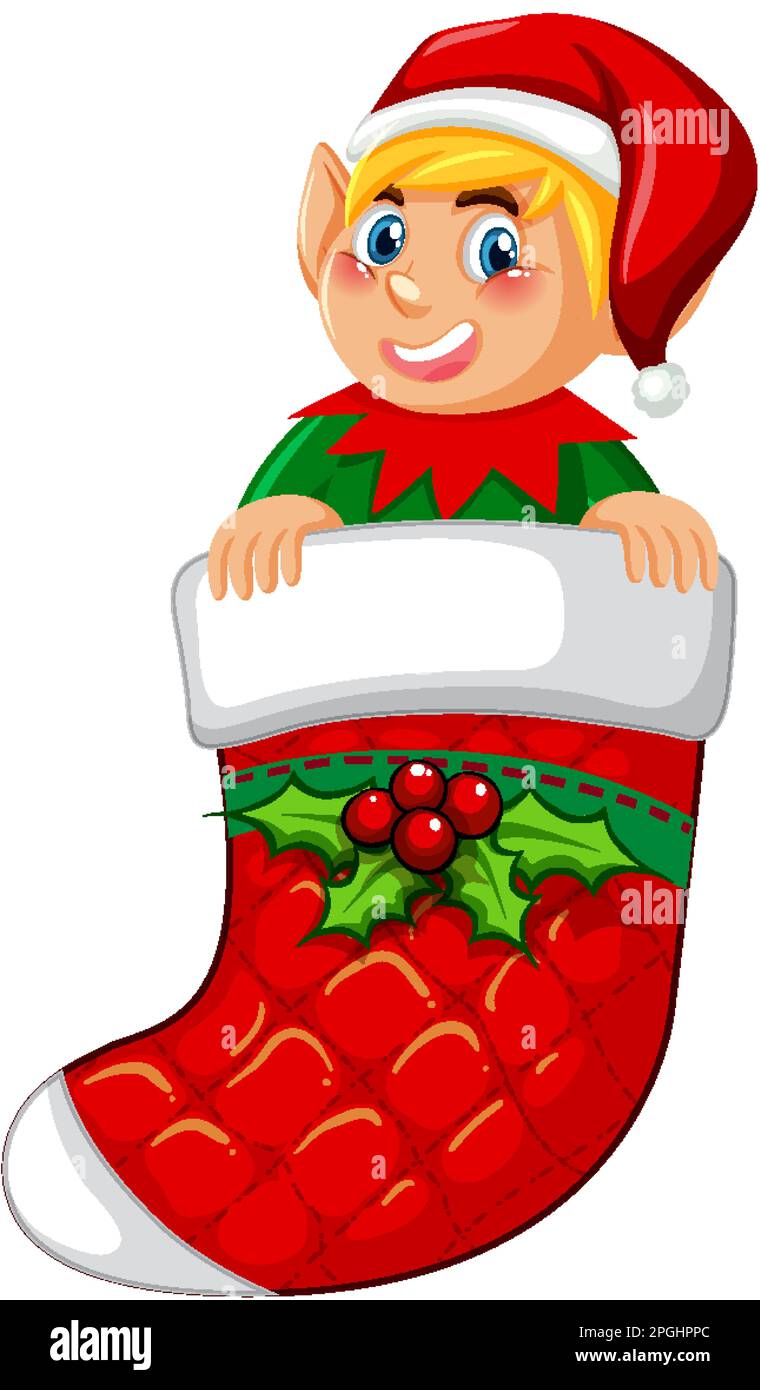 Elf in Christmas sock cartoon character illustration Stock Vector Image ...