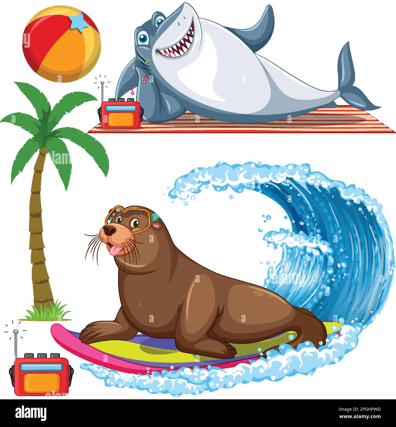 Set of sea creatures cartoon character in summer illustration Stock ...