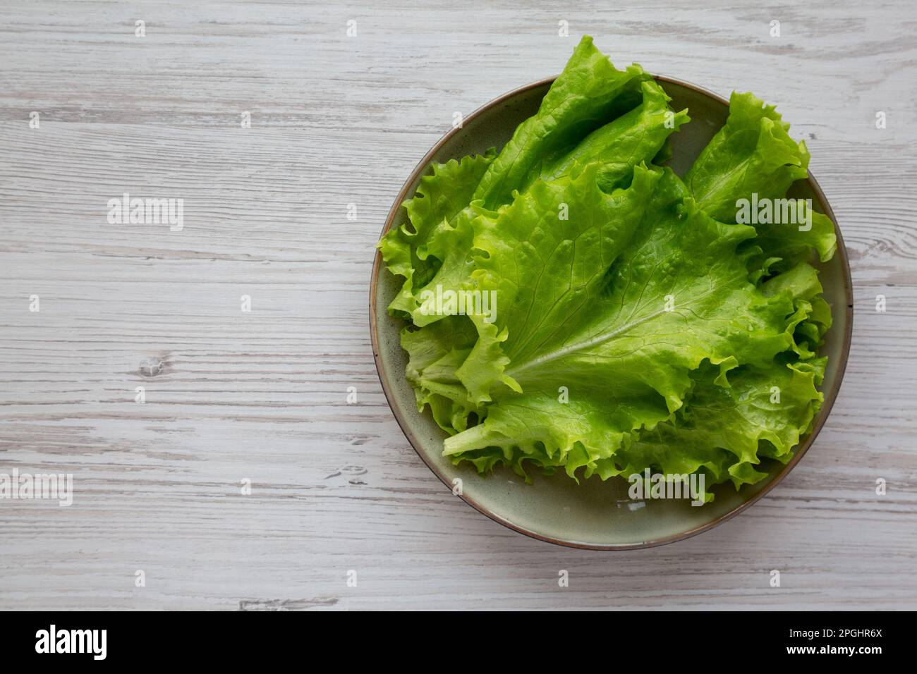 Raw Green Leaf Lettuce on a Plate, top view. Space for text Stock Photo ...