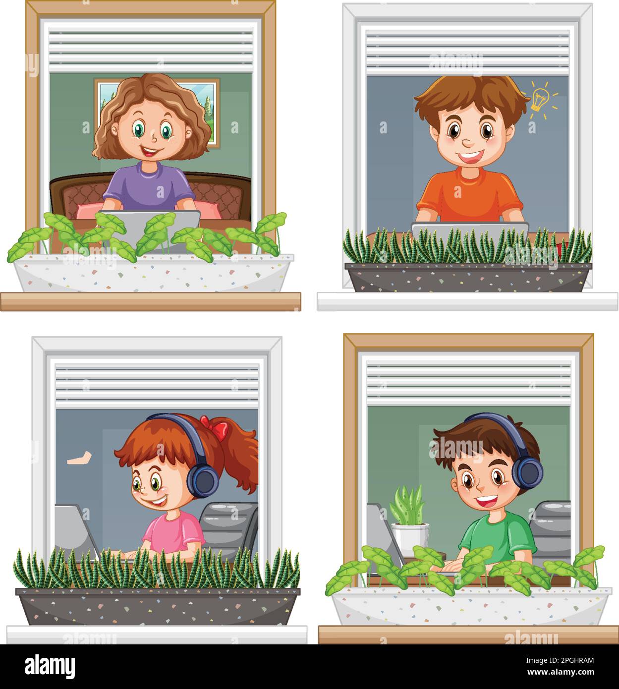 Cartoon Kids Using Laptops for Online Learning illustration Stock ...