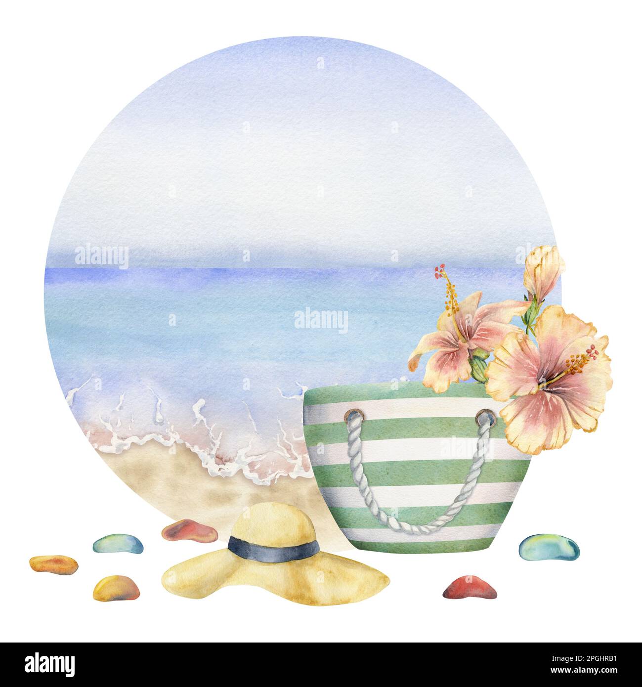 Hand drawn watercolor composition. Seascape with beach bag and hat, sea ...