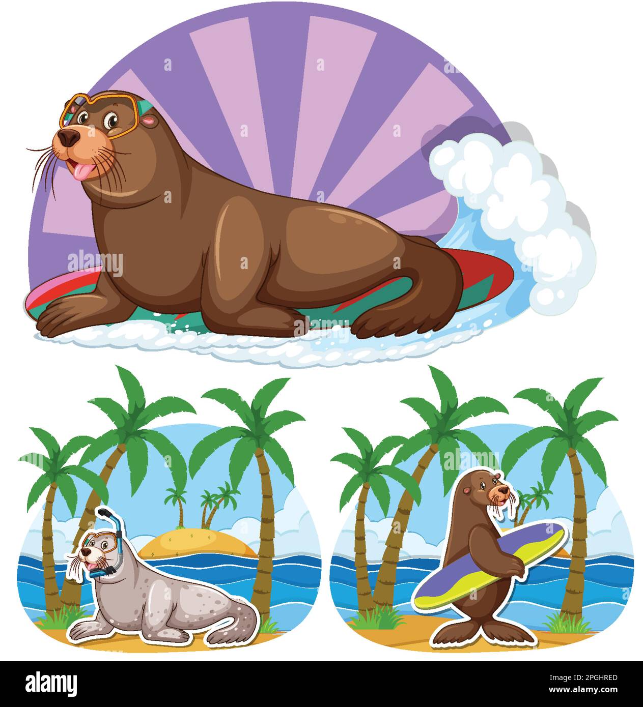 Sea Lion and Seal Cartoon Characters in Summer Theme illustration Stock ...